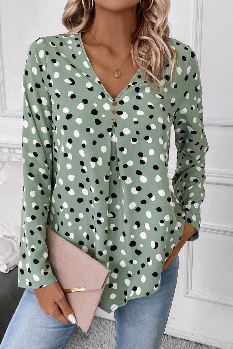 Green Polka Dot Print Button Front V Neck Blouse - TrueKung Fashion